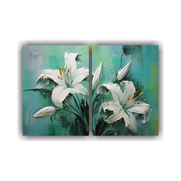 Díptico Floral Verde Y Flores En Lienzo Estilo Decorativo - DecoCuadros