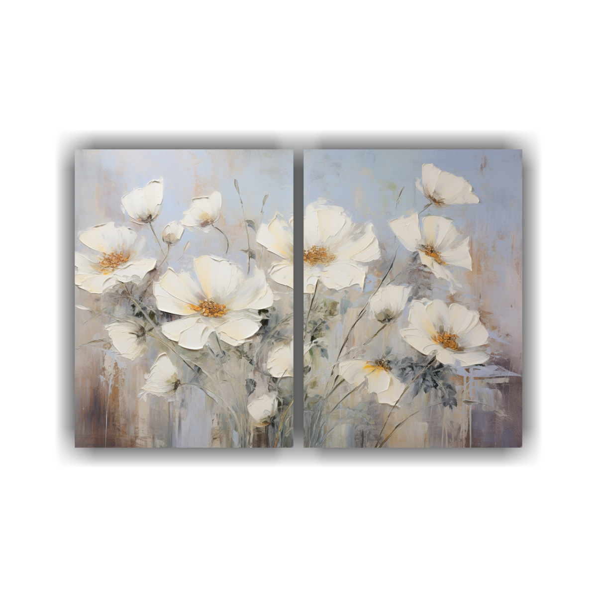 Cuadro Flores Blancas En Lienzo - Set 2 Elegante Colores Plateado Y Azul Marino - Decocuadros