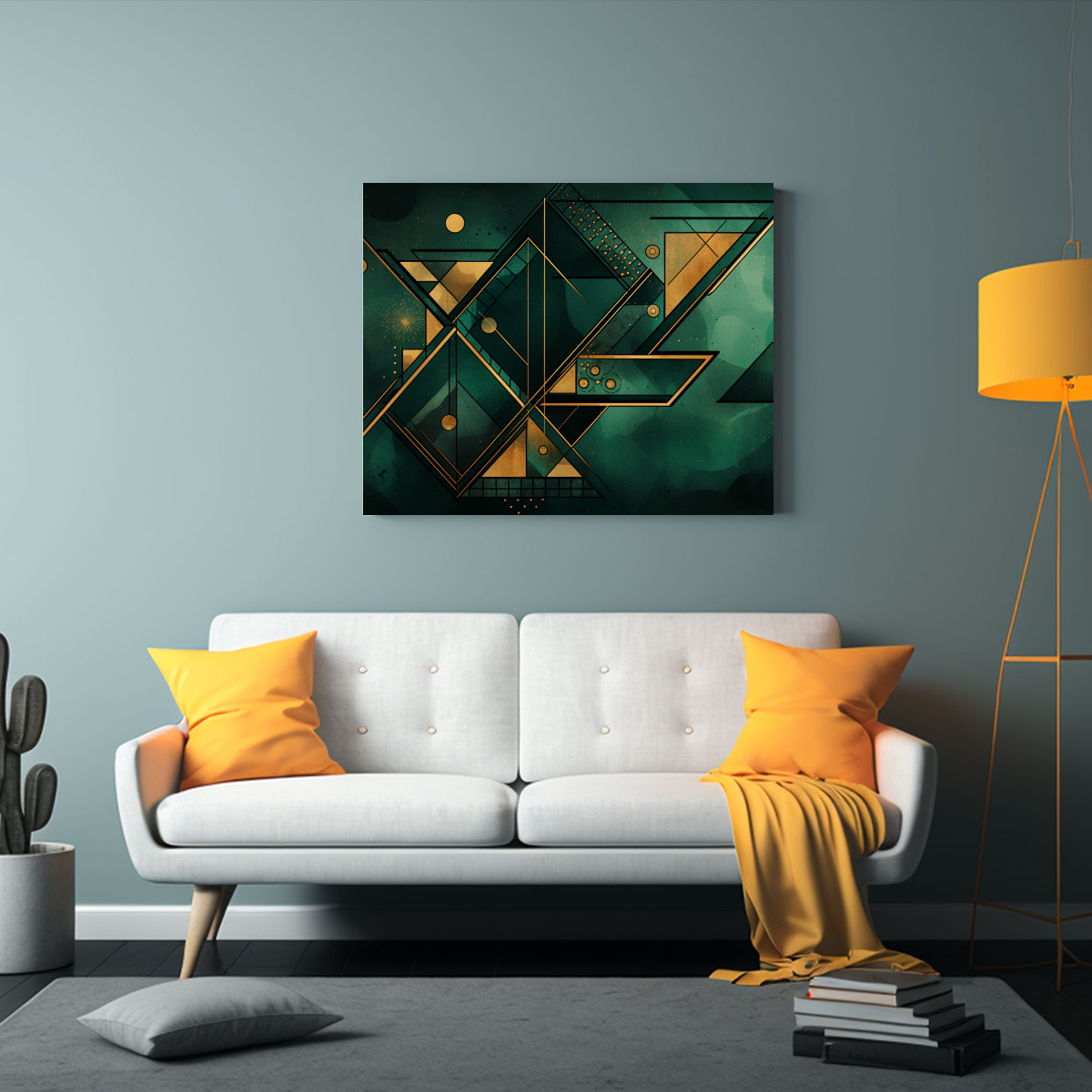 Lienzo De Tela Con Formas Geométricas En Estilo Dibujado A Mano Con Dorado Y Esmeralda - Decocuadros