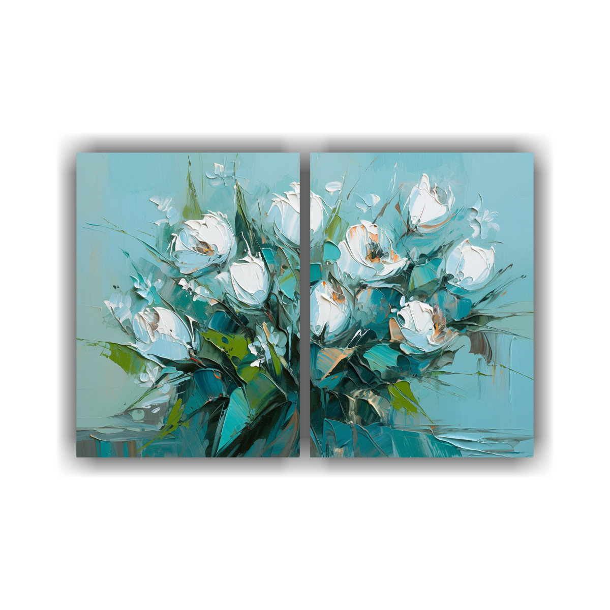 Lienzos De Tela Dinámicos Con Flores En Tonos Cian - Set De 2 Cuadros - Decocuadros