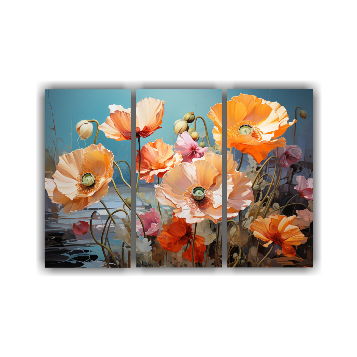 Cuadro Abstracto De Amapolas En Naranja Y Azul - Set 3 Telas Vintage Clásico - Decocuadros