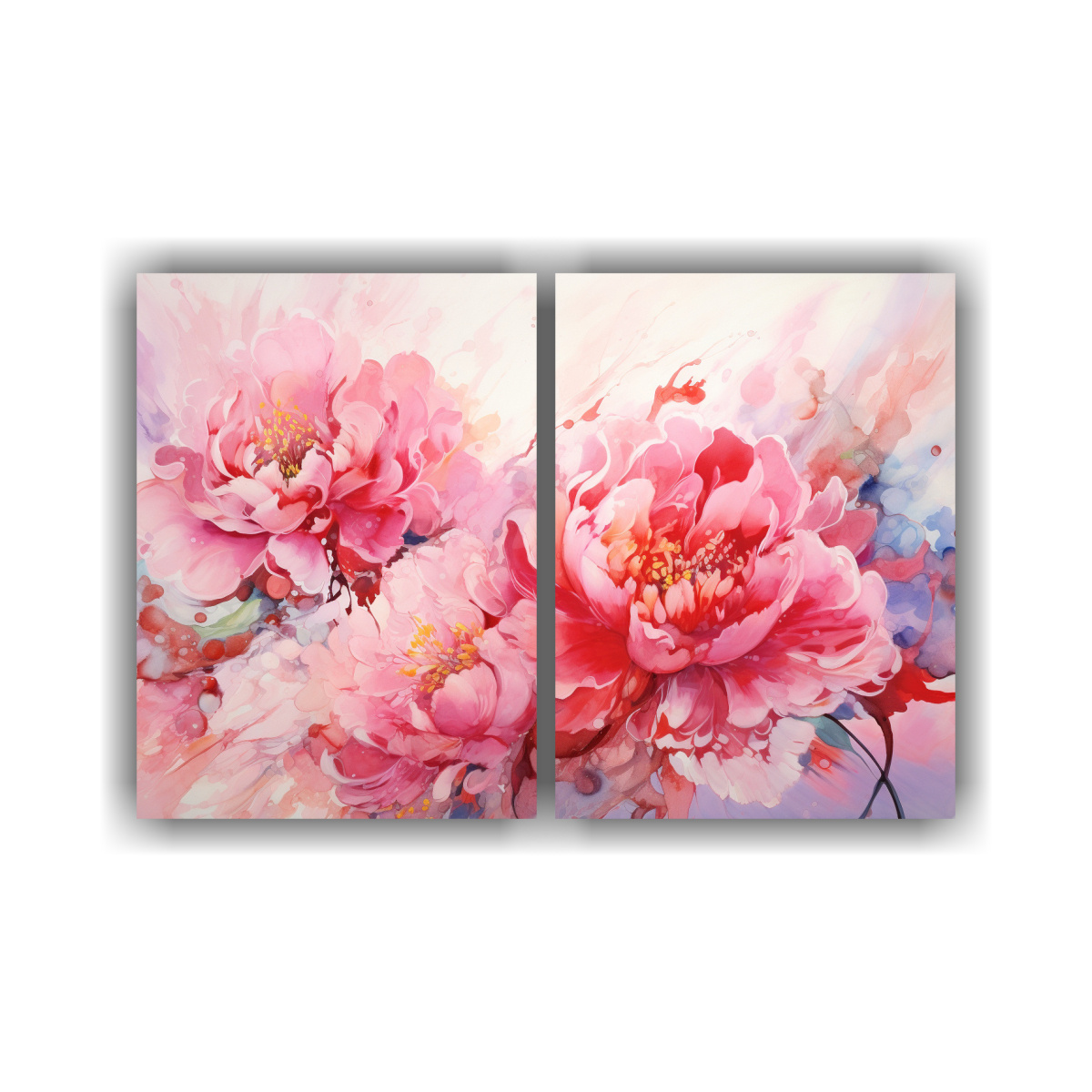 Cuadro Abstracto De Amapolas En Rojo Y Rosa En 2 Telas En Bastidor Horizontal - Decocuadros