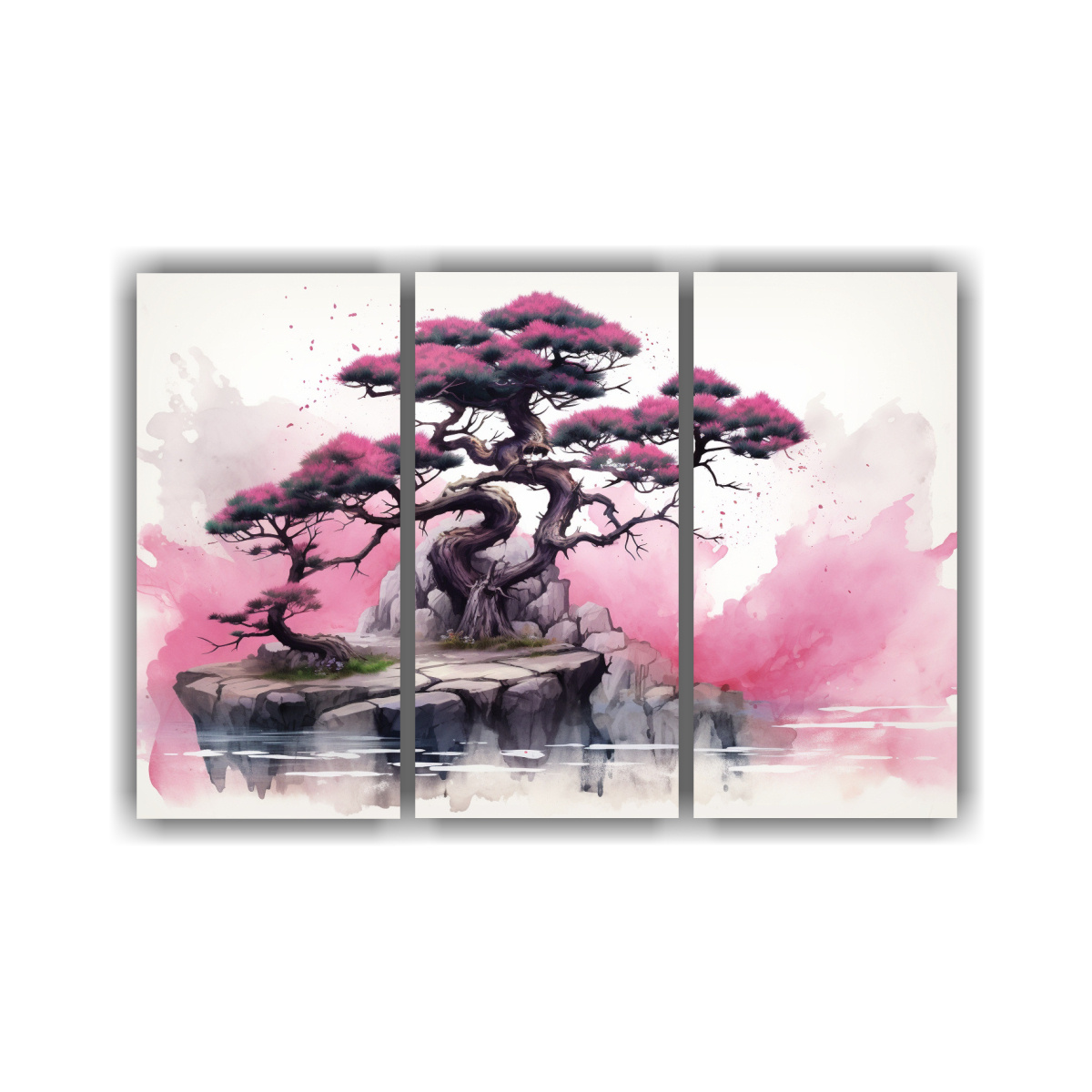 Cuadro Abstracto De Colores Rosa Con Abstracción Floral Y Bonsái De Pino - Decocuadros
