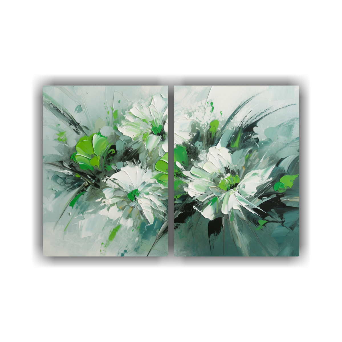 Cuadro Abstracto De Flores En Verde Y Plata Sobre Lienzo En Decoración - Decocuadros