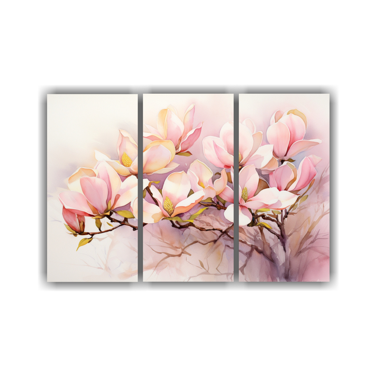 Cuadro Decorativo Magnolias Oro Y Rosa - Set 3 Telas En Bastidor Obra Maestra - Decocuadros