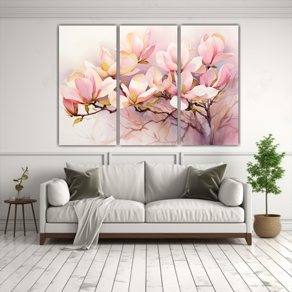 Cuadro Decorativo Magnolias Oro Y Rosa - Set 3 Telas En Bastidor Obra Maestra - Decocuadros
