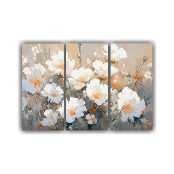 ¡Cuadro Abstracto De Flores Blancas Y Naranjas En Tres Telas A Los Mejores Precios! - Decocuadros