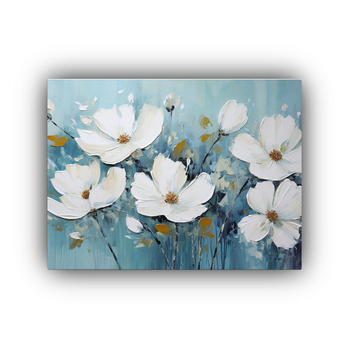Cuadro De Flores Blanco Y Azul Teal En Lienzo Fine Art - Decocuadros