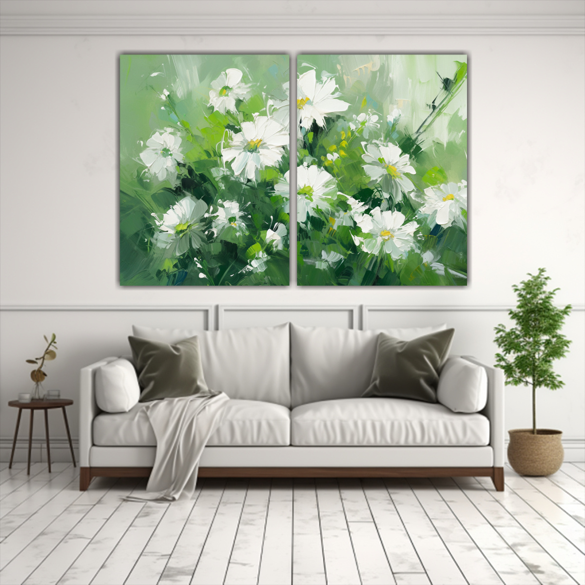 Cuadro De Flores En Lienzo Verde Y Blanco - DecoCuadros