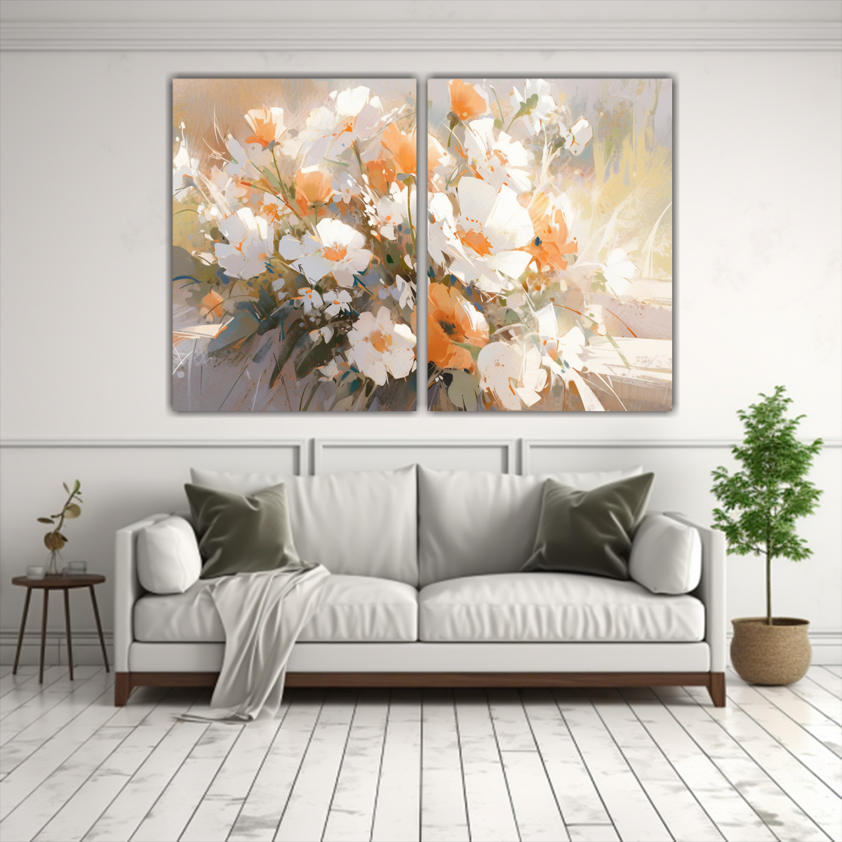 Cuadro De Flores Blancas Y Naranjas - Decoración De Pared Moderna - Decocuadros
