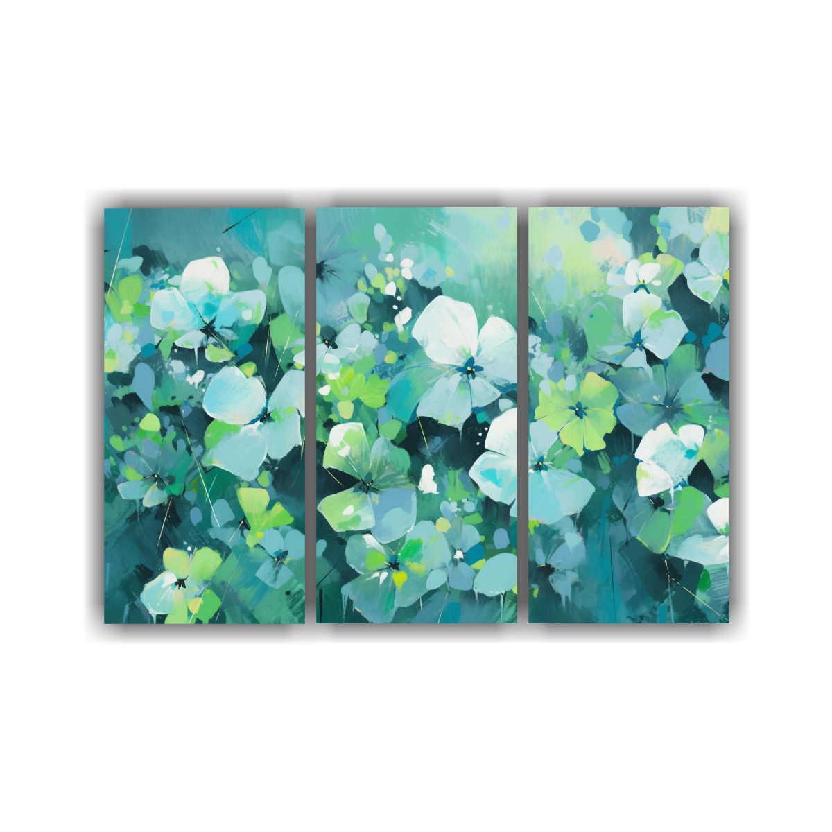 Cuadro De Flores En Colores Verde Y Cian - Set 3 Arte Patron Intenso Mágico A Green AND Cyan ...