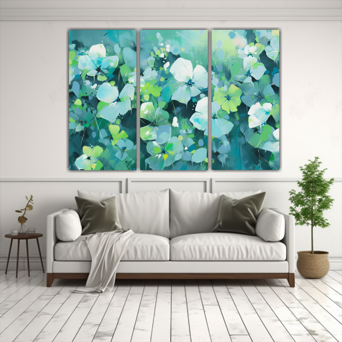 Cuadro De Flores En Colores Verde Y Cian - Set 3 Arte Patron Intenso Mágico A Green AND Cyan ...