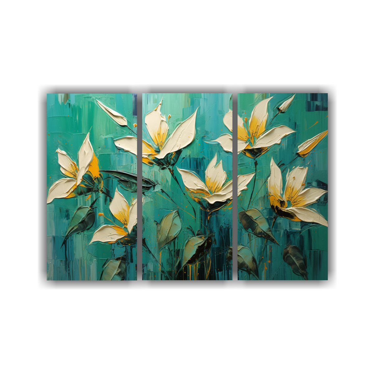 Cuadro De Flores En Tonos Verde Y Dorado - Set De 3 Telas Abstractas - Decocuadros