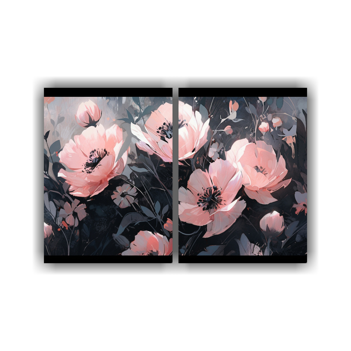 Cuadro Decorativo Estilo Galería En Cálidos Colores Negro Y Rosa Con Flores - Decocuadros