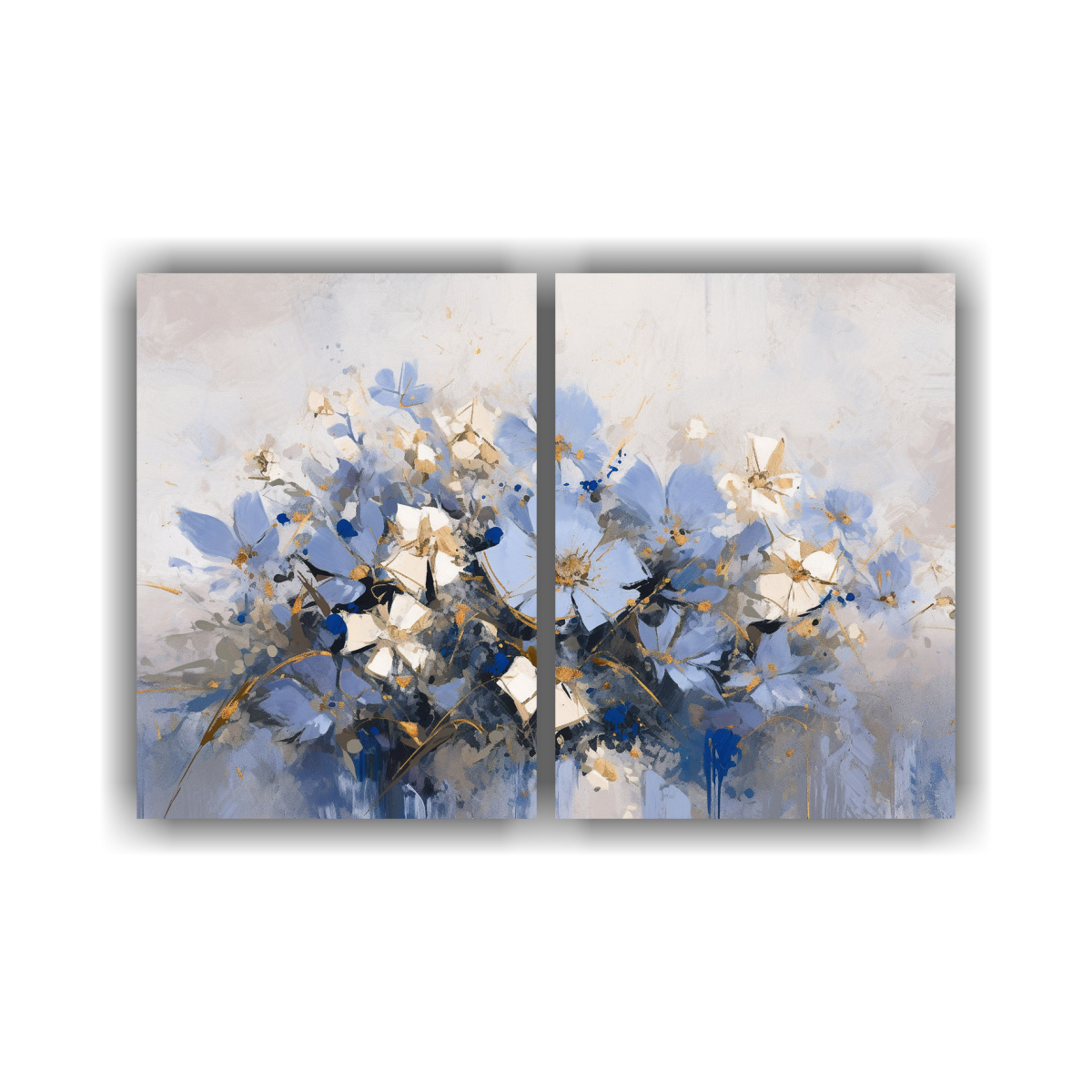 Cuadro Pintura En Lienzo Flores Azules Y Doradas Estilo Galería - Decocuadros