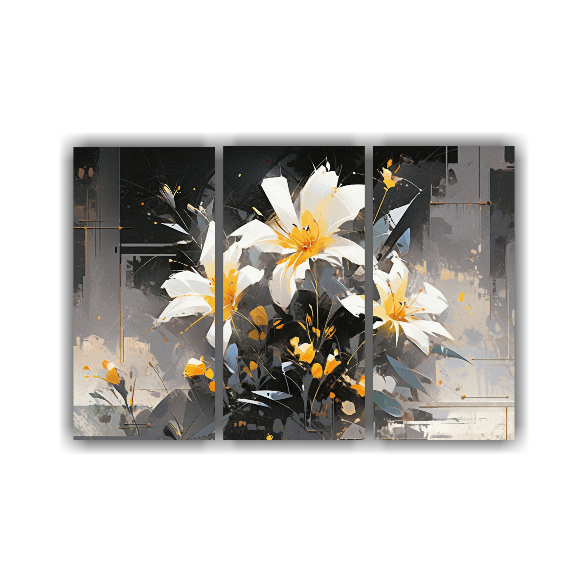 Cuadro Floral Amarillo Y Negro En Lienzo: Tríptico De Culturas - Decocuadros