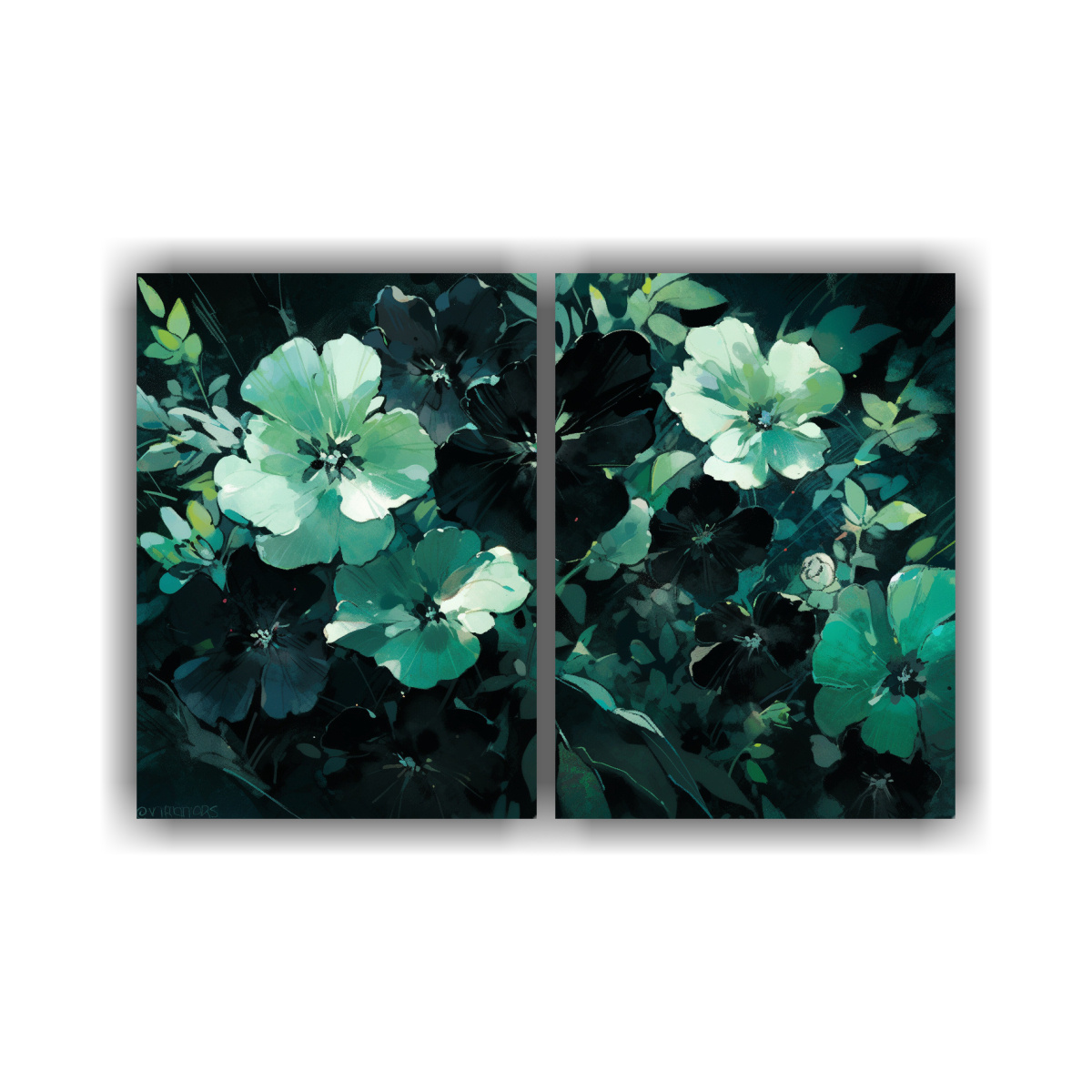 Cuadro Floral Verde Y Negro En Lienzo - DecoCuadros