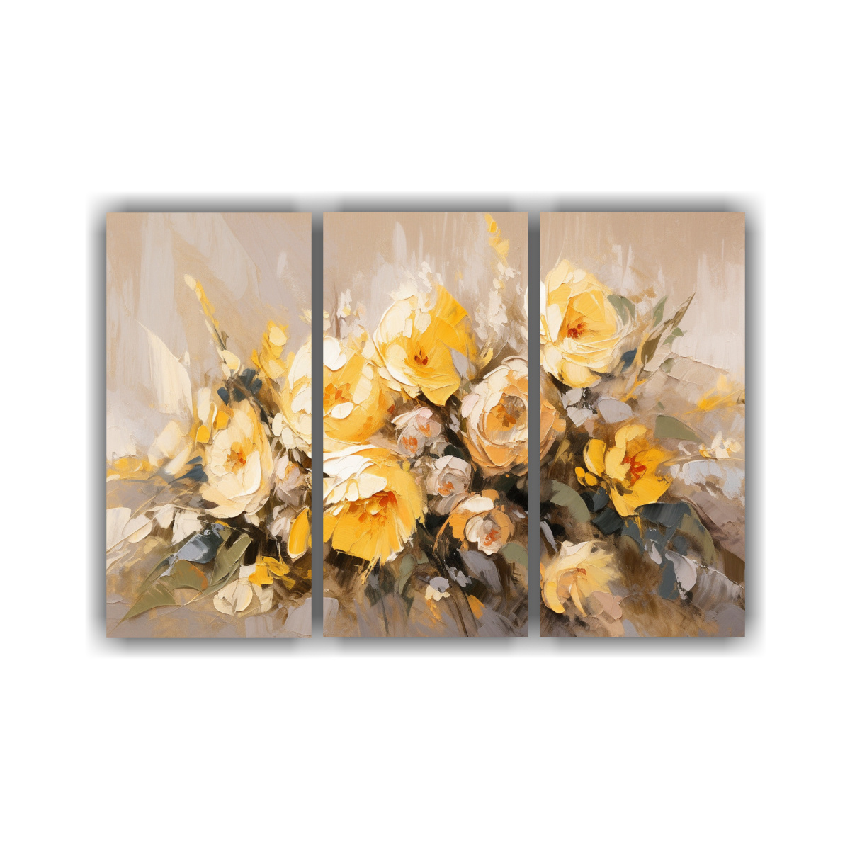 Cuadro Flores Amarillas Y Doradas En Bastidor Con Tres Telas - DecoCuadros