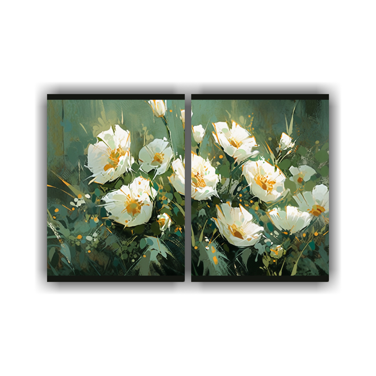 Cuadro Decorativo Vanguardia Living: Composiciones Verde Y Oro En Lienzo Con Flores - Decocuadros