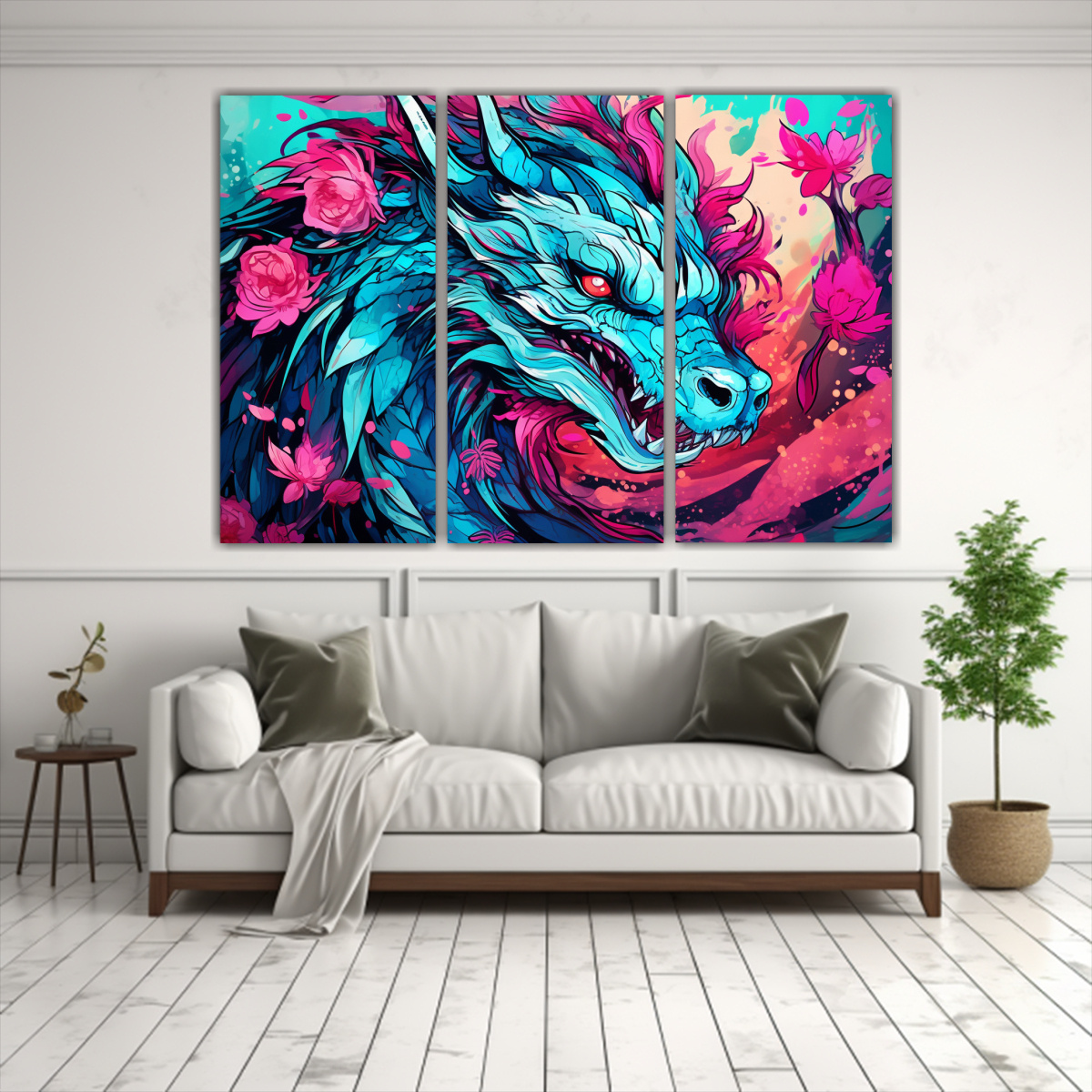 Cuadro Flores De Dragón Rosa Y Turquesa Neonoir En Bastidor - DecoCuadros