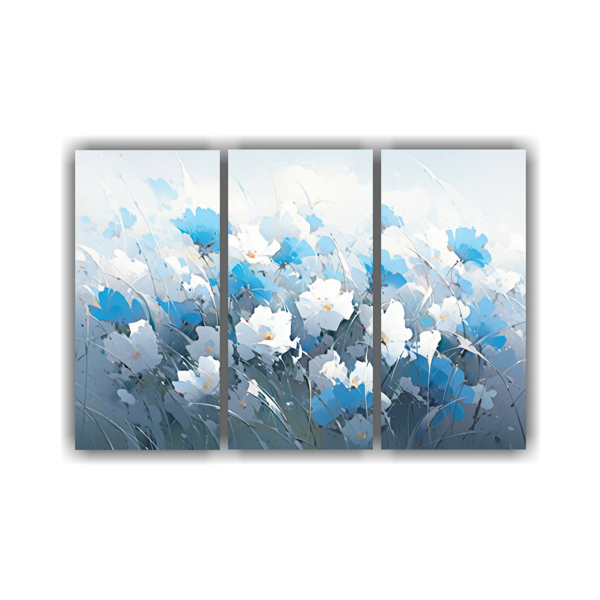 Set 3 Telas En Bastidor: Flores Blancas Y Azules En Lienzo - Cuadros Decorativos - Decocuadros