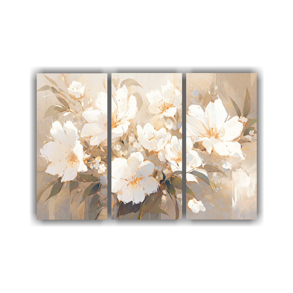 Tríptico Flores Blancas Y Doradas En Lienzo - Cuadros Decorativos - Decocuadros