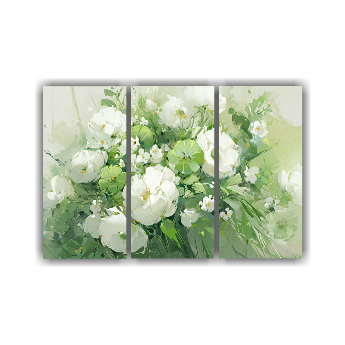 Tríptico Moderno Exclusivo Flores Verde Lienzo Plateado Beige - DecoCuadros