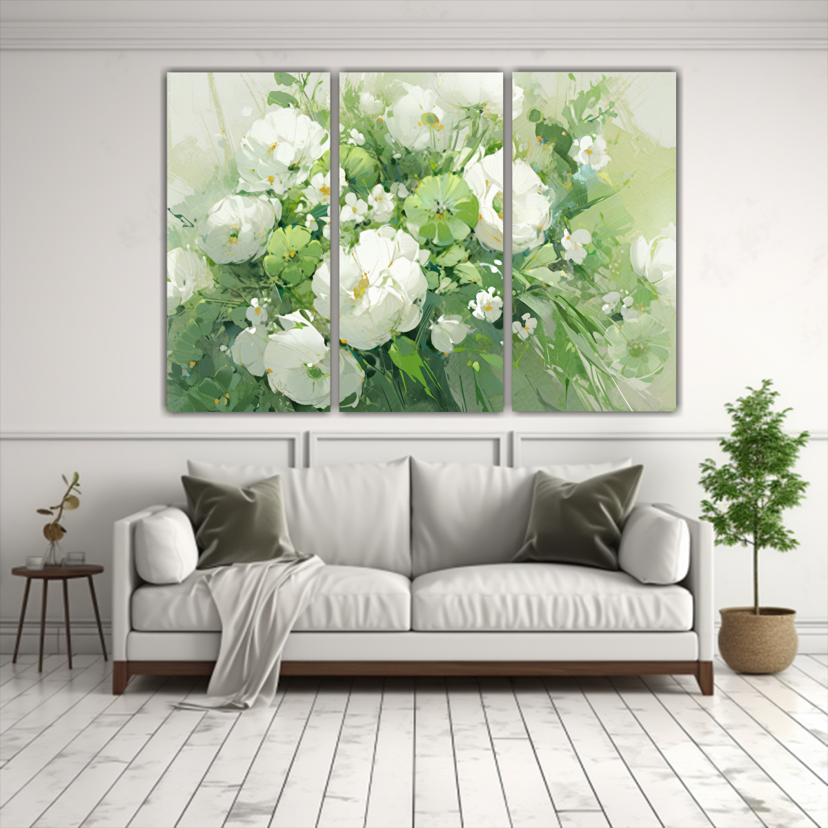 Tríptico Moderno Exclusivo Flores Verde Lienzo Plateado Beige - DecoCuadros