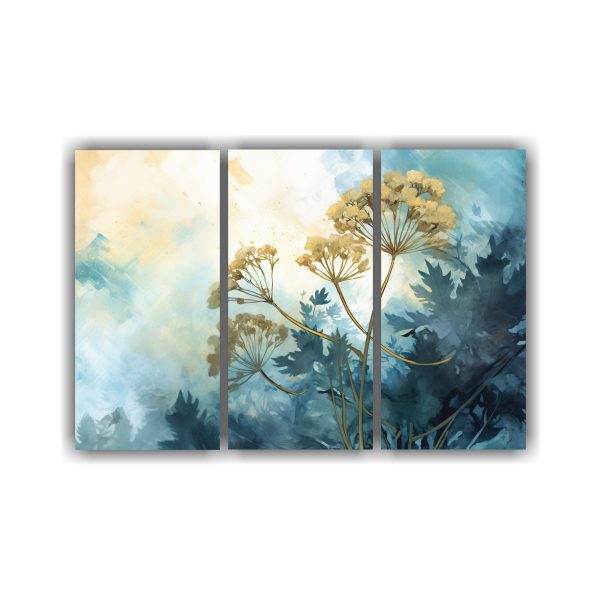 Tríptico Moderno: Perspectiva De Hierbas De Perejil En Colores Oro Y Azul - Decocuadros