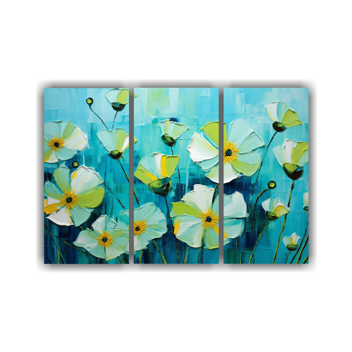 Tríptico Movimiento Profundidad Flores Verdes Y Turquesas En LienzoCanvas - Compra Online ...