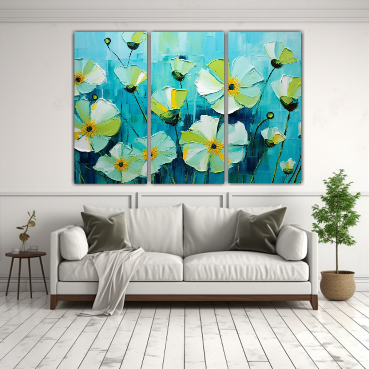 Tríptico Movimiento Profundidad Flores Verdes Y Turquesas En LienzoCanvas - Compra Online ...