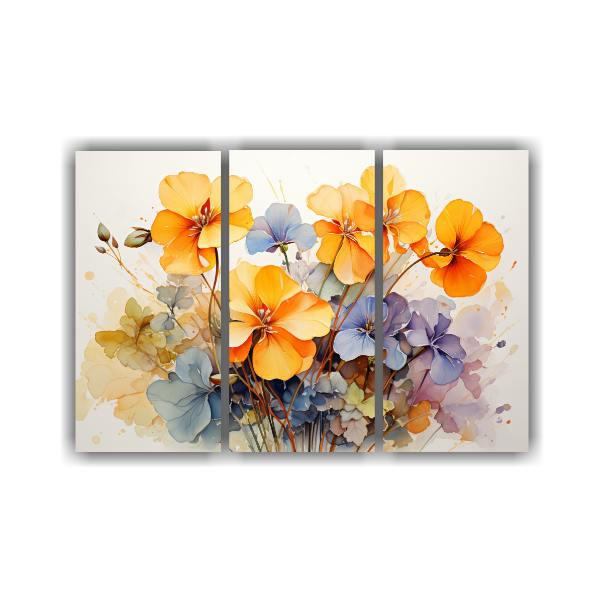 Tríptico Tela Canvas Flores Violeta Amarillo Y Naranja Abstracto - DecoCuadros