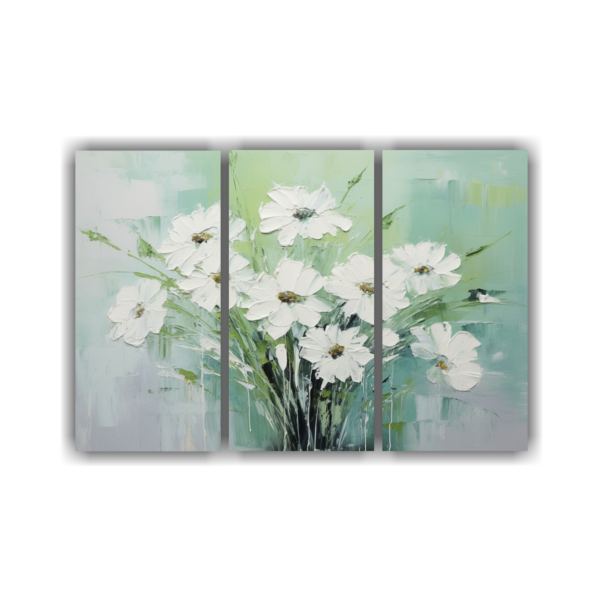 Tríptico Juveniles Flores Verdes Y Blancas En Lienzo - DecoCuadros