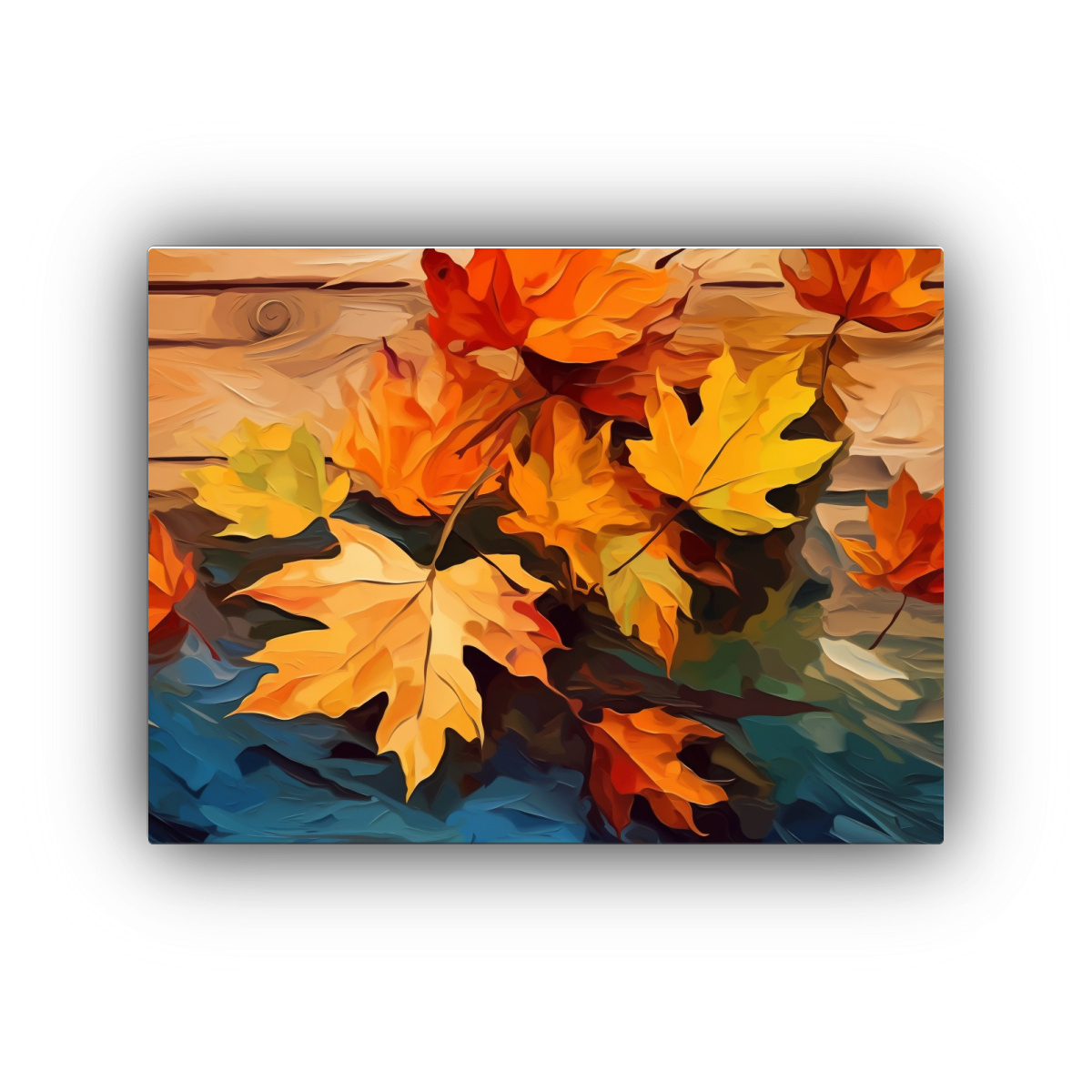 Cuadro Decorativo Hojas De Otoño En Mesa, Movimiento Baño - DecoCuadros