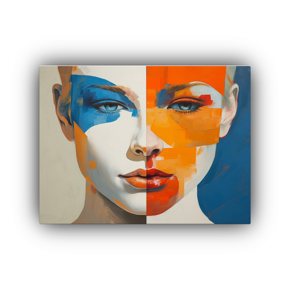 Cuadro Abstracto Exuberante De Rostro Femenino En Azul Y Naranja - DecoCuadros