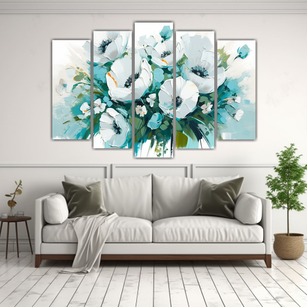 Cuadro Flores Blanco Y Turquesa - Composición Sala - DecoCuadros