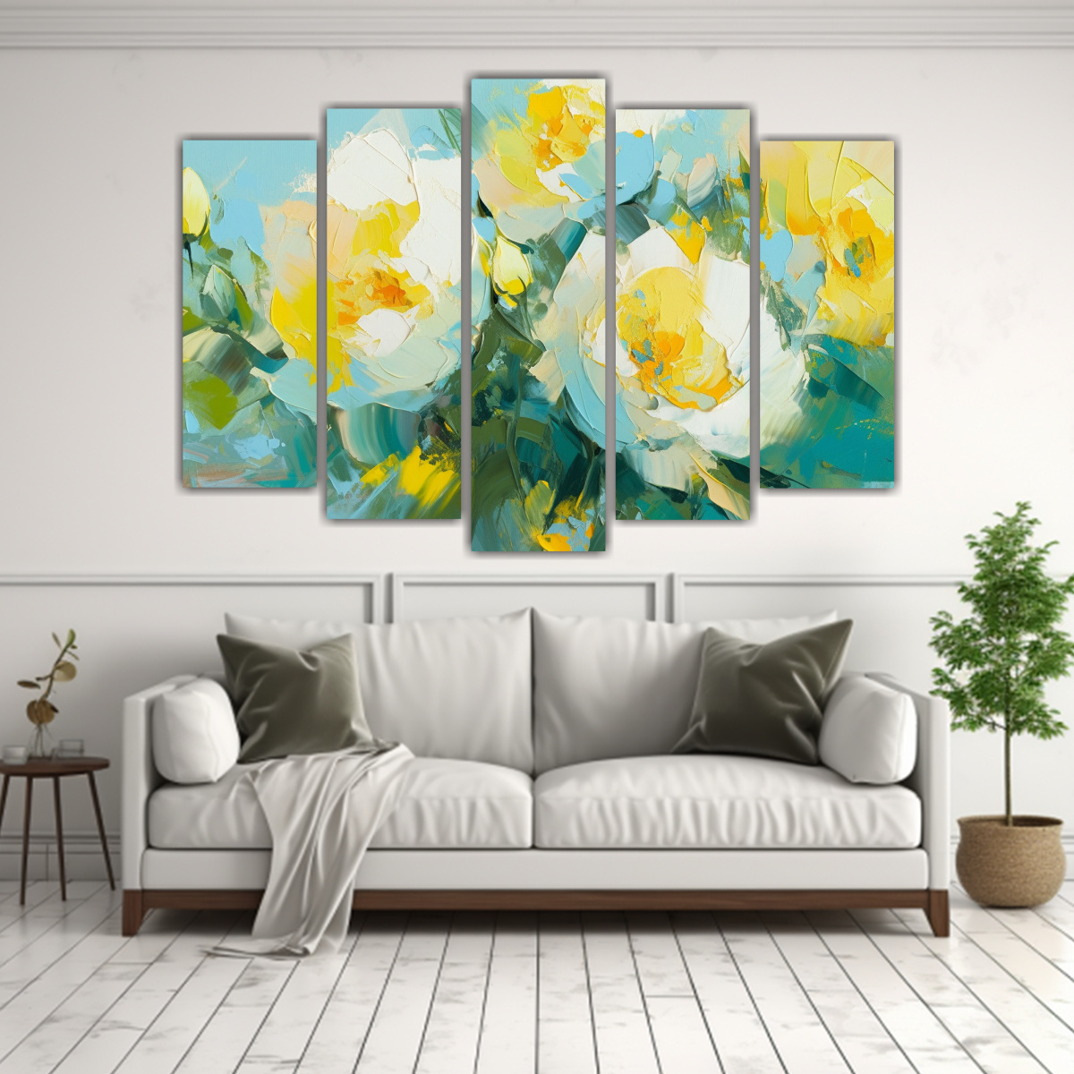 Conjunto 5 Lienzos Tela Alta Calidad Flore Amarilla Y Cian - Decocuadros