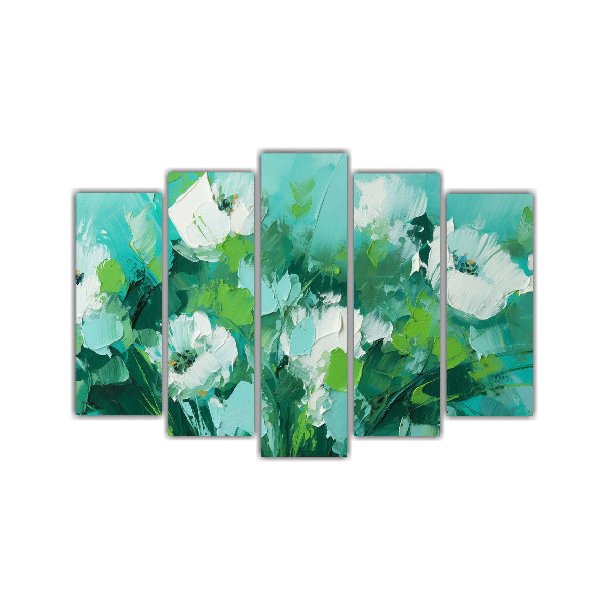 Conjunto De 5 Cuadros Decorativos En Tela Con Flores En Verde Y Turquesa - DecoCuadros