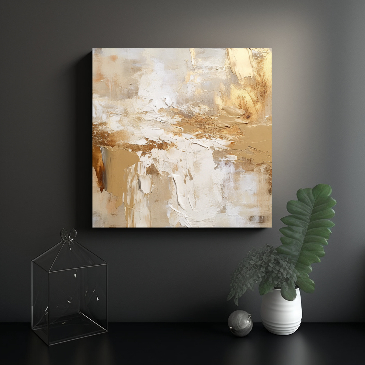 Cuadro Abstracto Clásico Moderno En Tonos Beige, Blanco Y Dorado ...