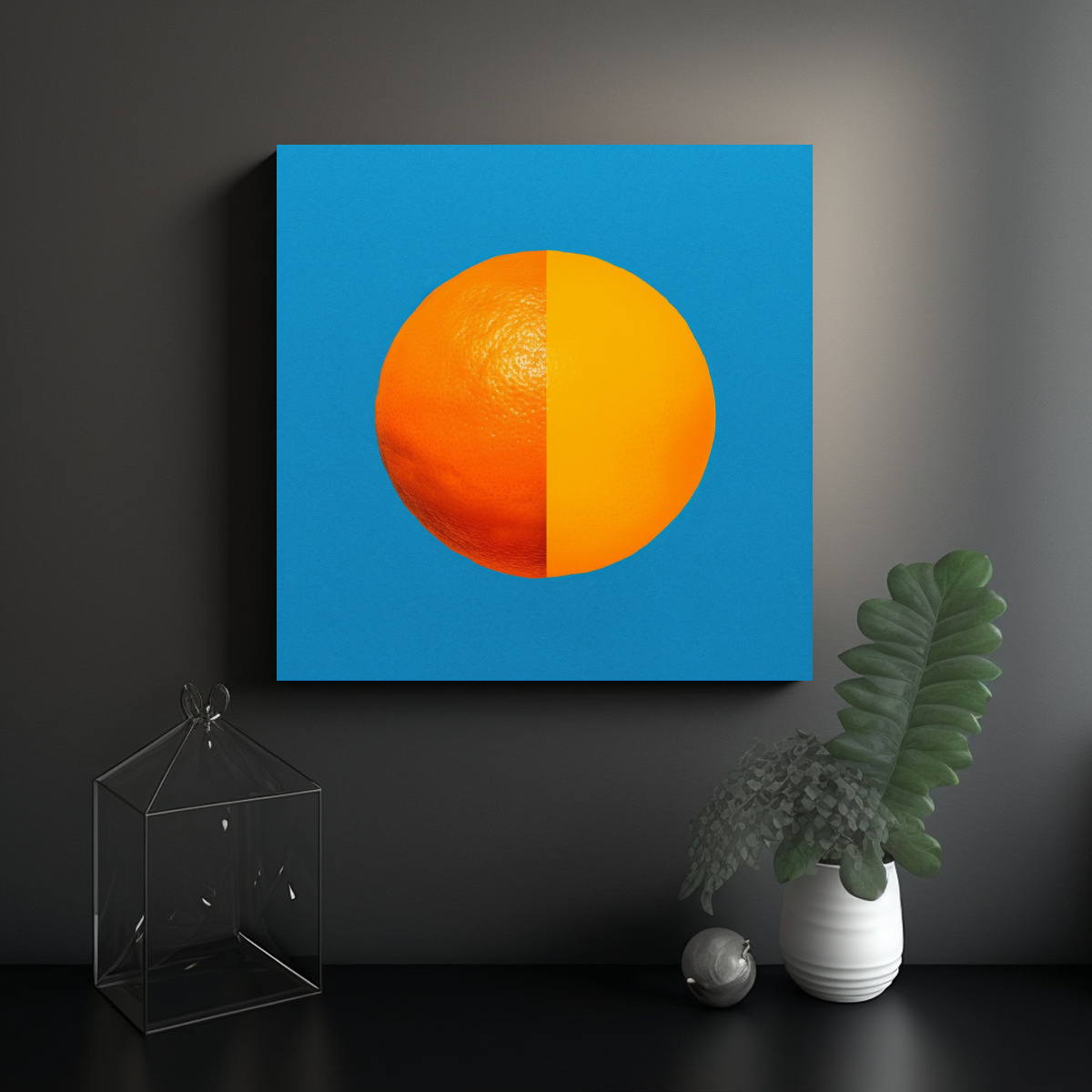 Cuadro Abstracto Naranja Dividido Sobre Fondo Azul Y Amarillo - DecoCuadros