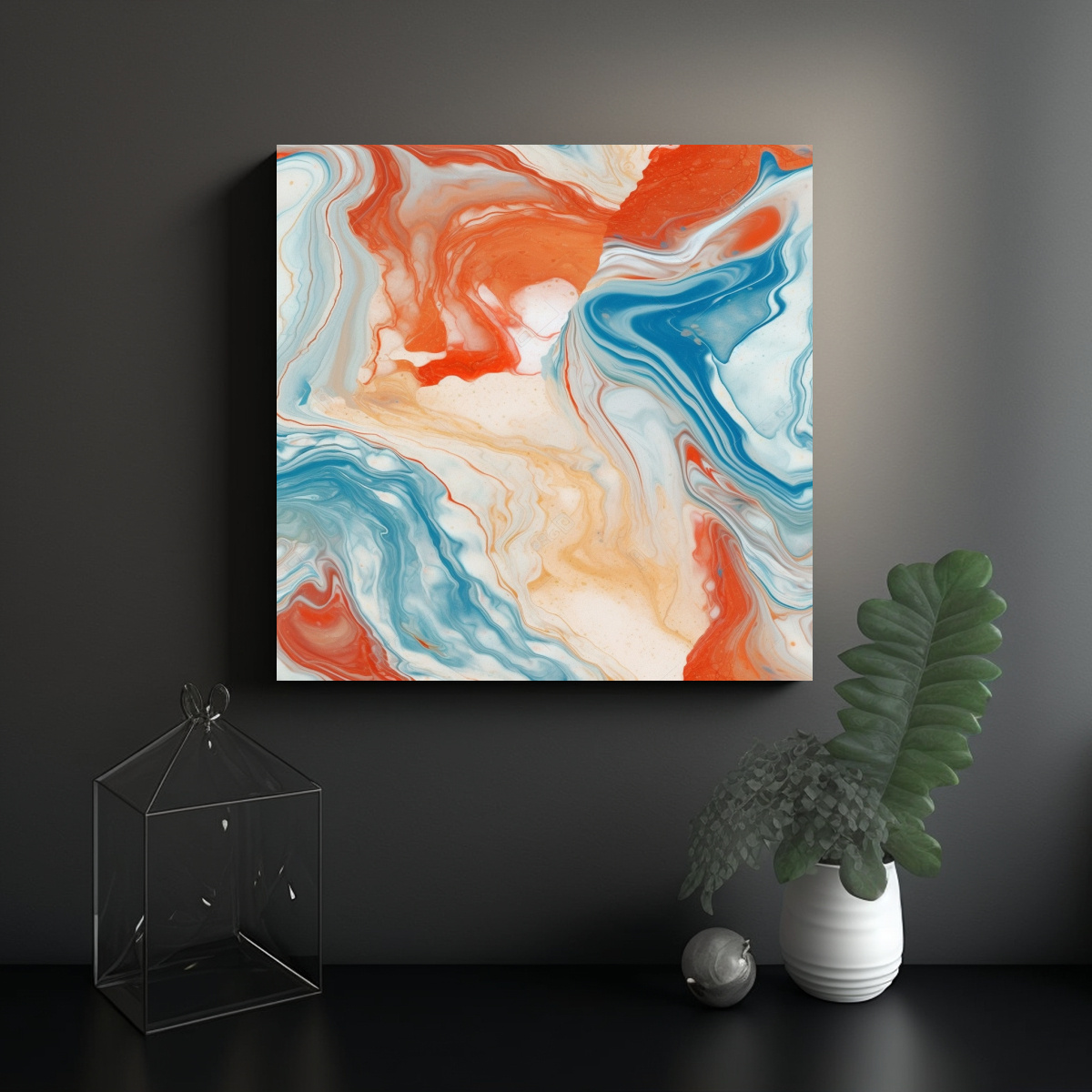 Cuadro Mármol Azul Y Naranja Con Fondo Rojo Y Blanco - DecoCuadros