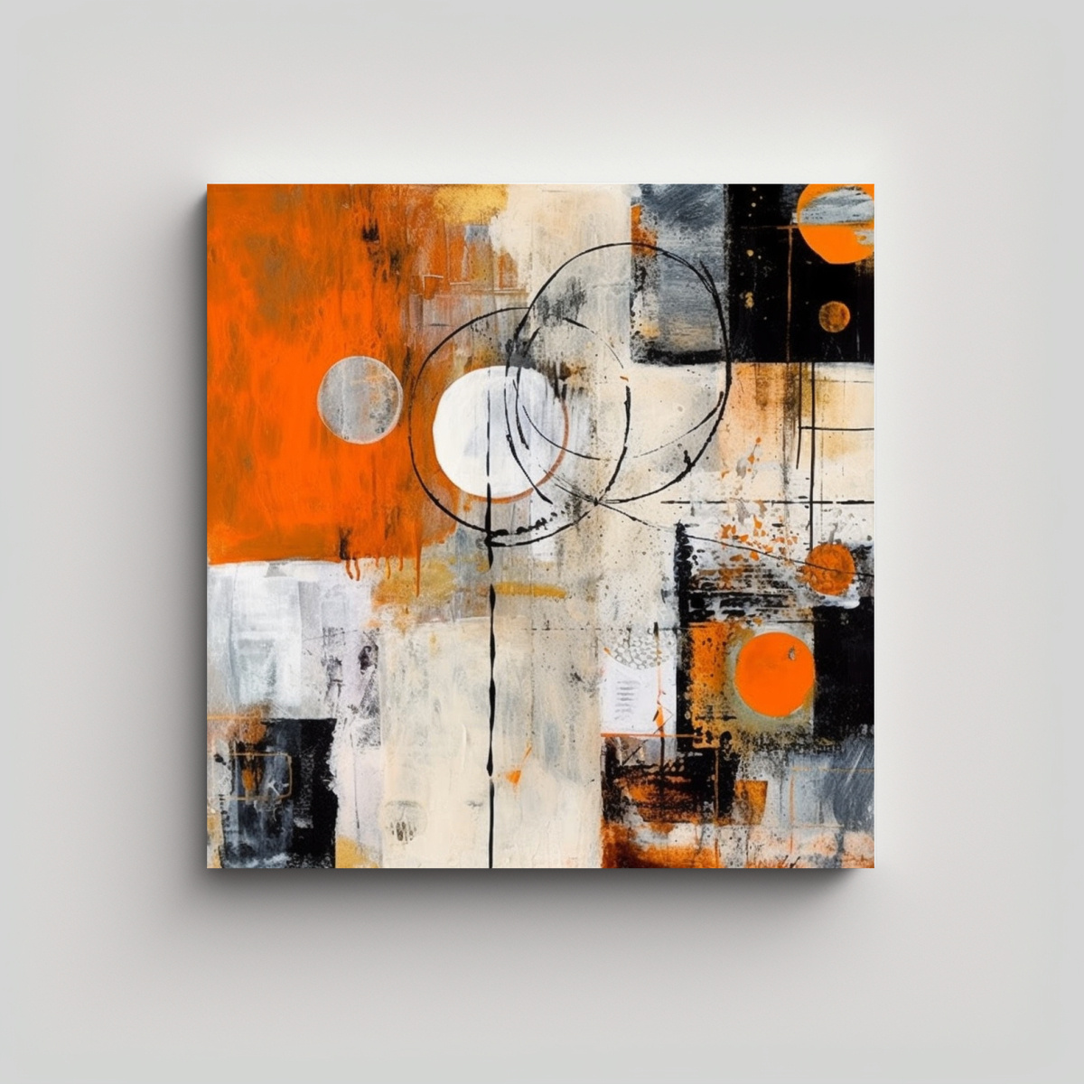Cuadro Abstracto Boho Moderno En Naranja, Blanco Y Negro - DecoCuadros