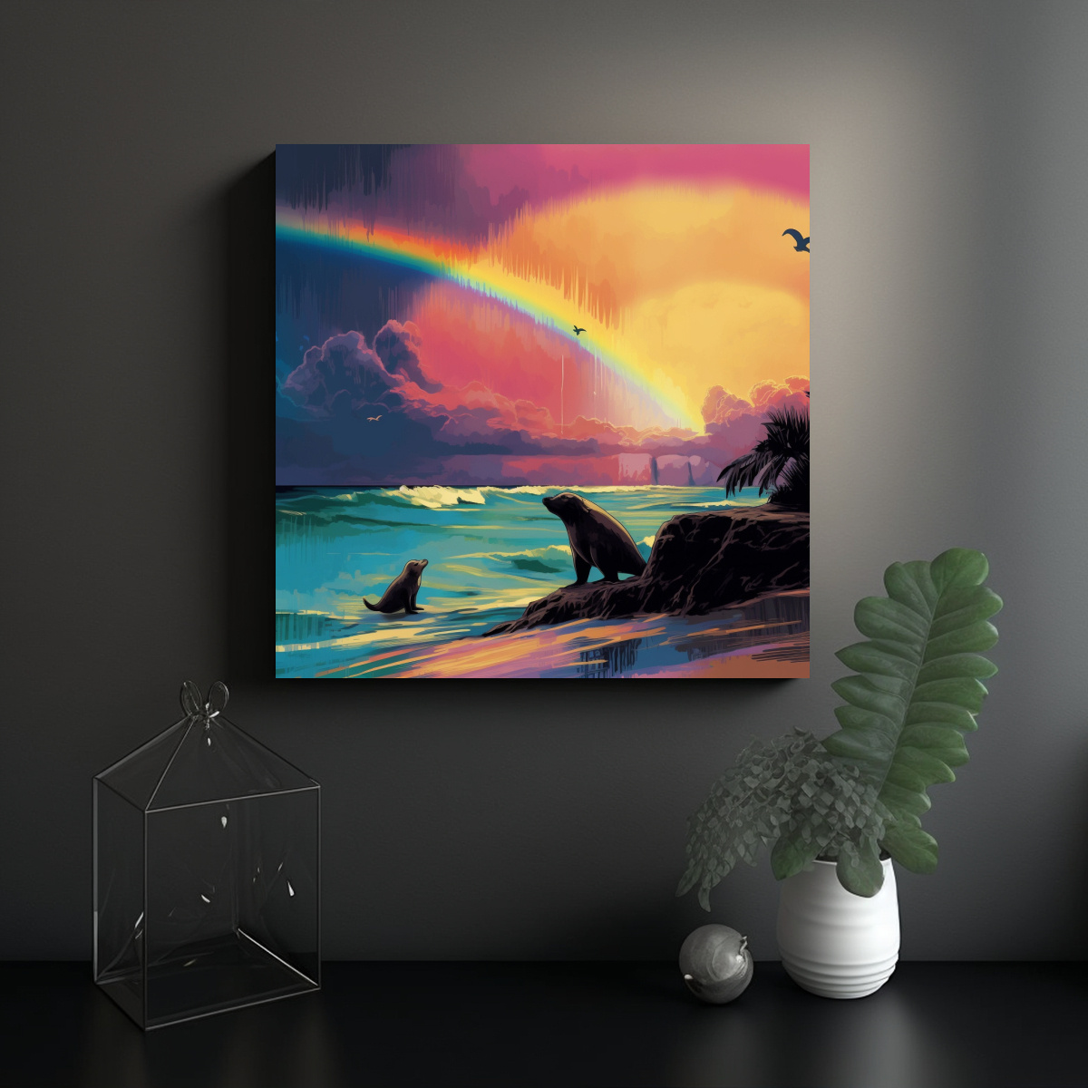 Cuadro Decorativo Sensible: Sombra De Perezoso Y Delfín En Playa ...