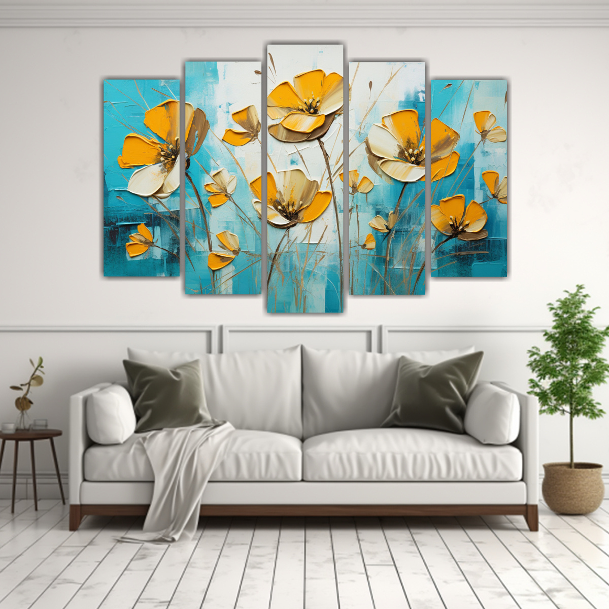 Cuadro De Flores Amarillas Y Turquesas Sobre Lienzo - DecoCuadros