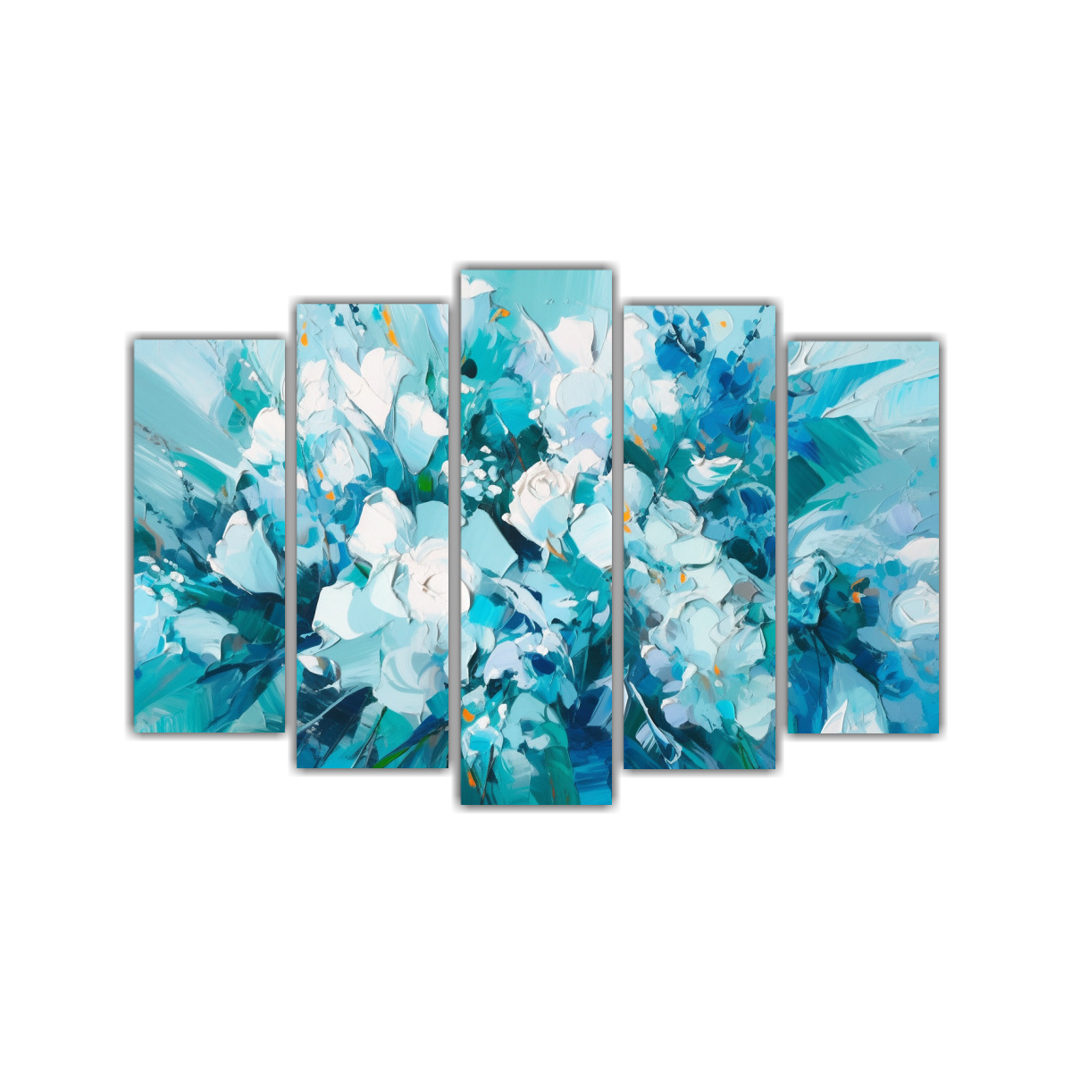 Cuadro De Flores Turquesa Y Azul En Lienzo - Set De 5 Lienzos Finas Líneas Clásicas - Decocuadros