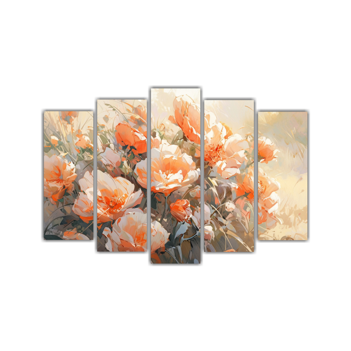 Cuadro De Flores En Tonos Naranja Y Rosa: Set De 5 Lienzos - Decocuadros