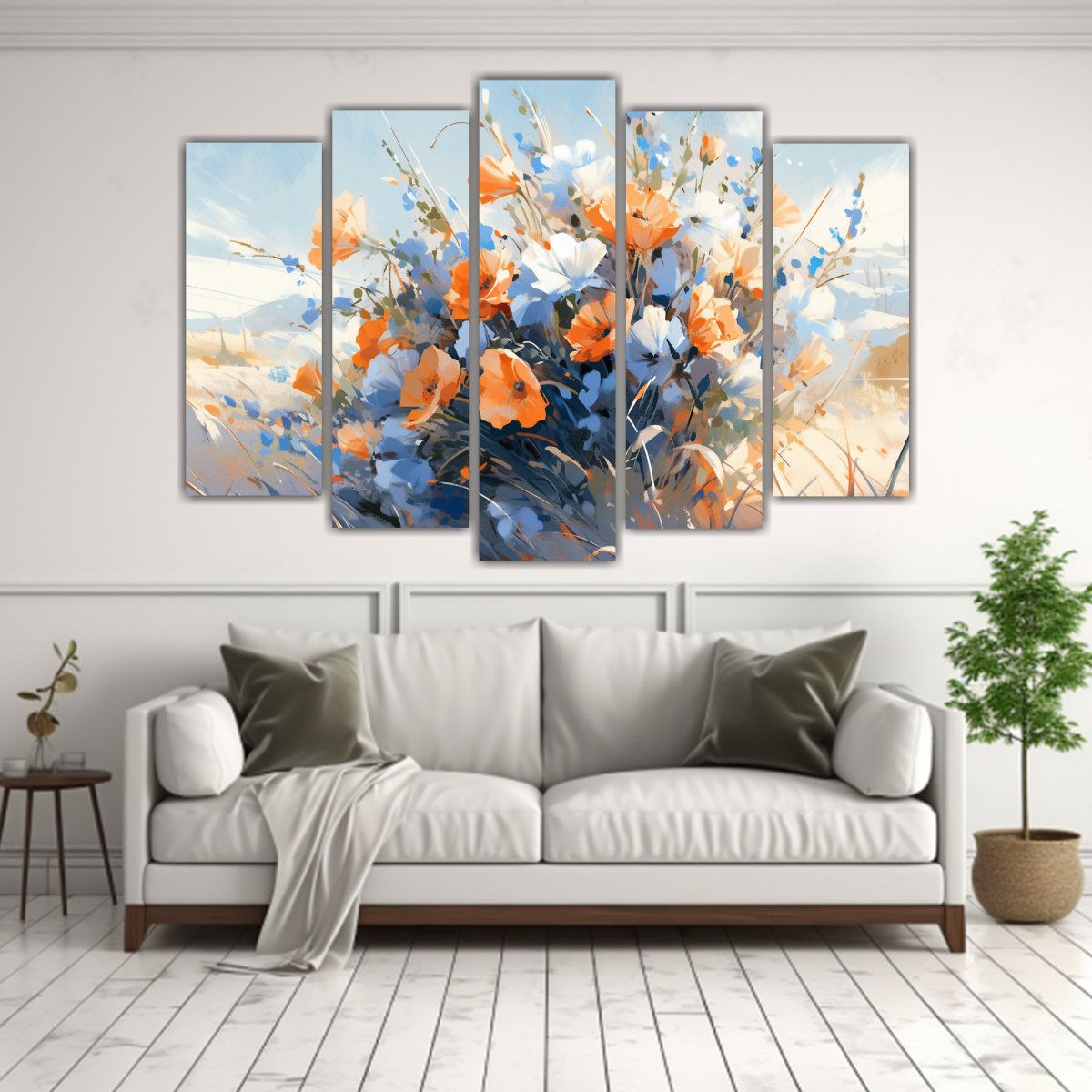 Cuadro De Flores Naranja Y Azul En Lienzo Horizontal Pop Art A La Venta - Decocuadros