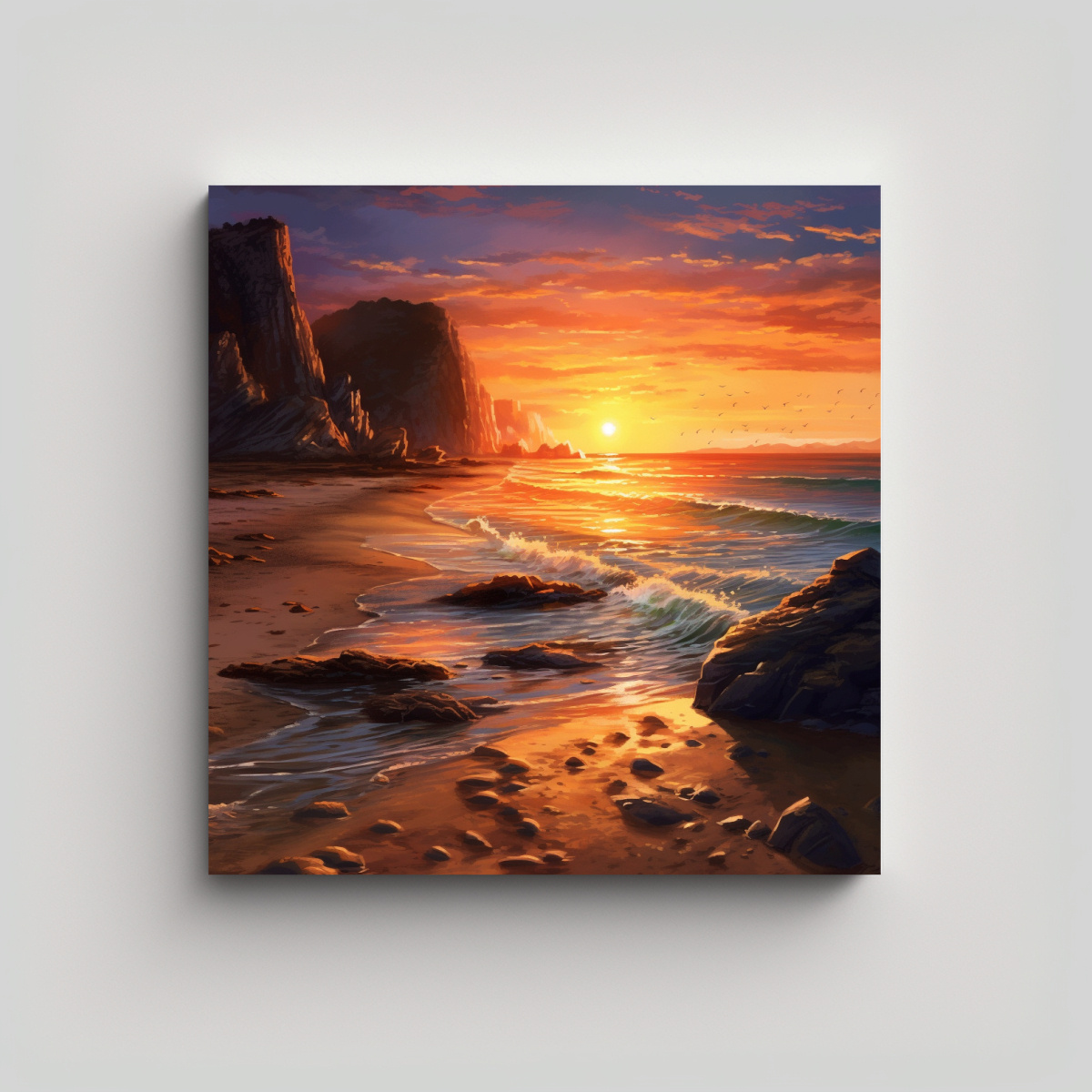 Cuadro Tela: Atardecer En Playa Con Acantilados Realistas Y Coloridos ...