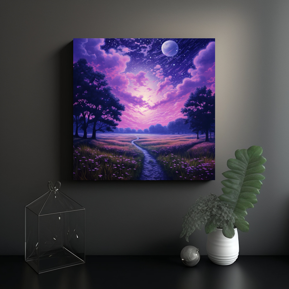 Cuadro Decorativo Lienzo Intenso Noche Campo Estrellas Morado - DecoCuadros