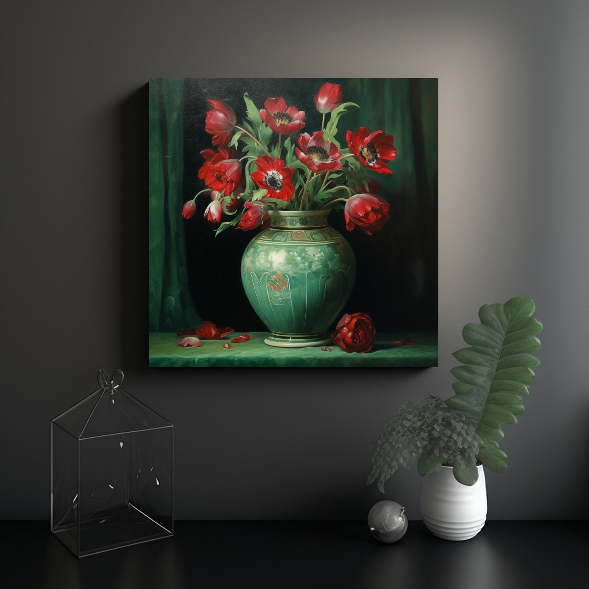 Cuadro Galería Florero Verde Con Flores Rojas Estilo Monet - DecoCuadros